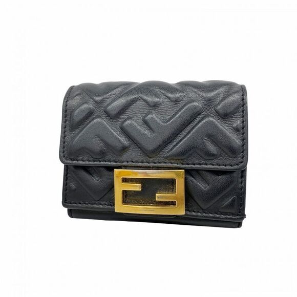 Fendi | Bags | Fendi Trifold Wallet Leather Black Gold Hardware Women ...